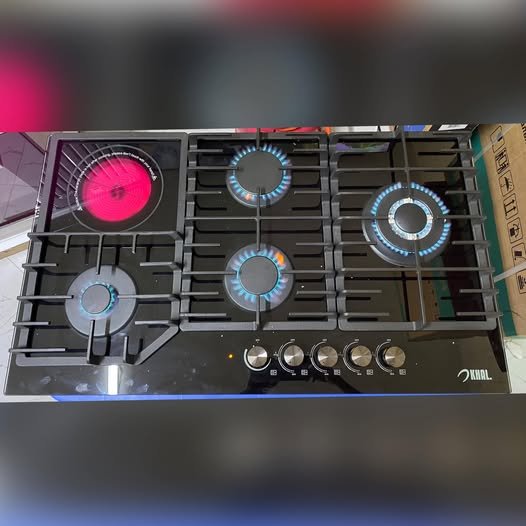 KHAL 4 Gas(1 WOK) + 1 Electric Ceramic Plate Hob,Black Glass 90cm ...